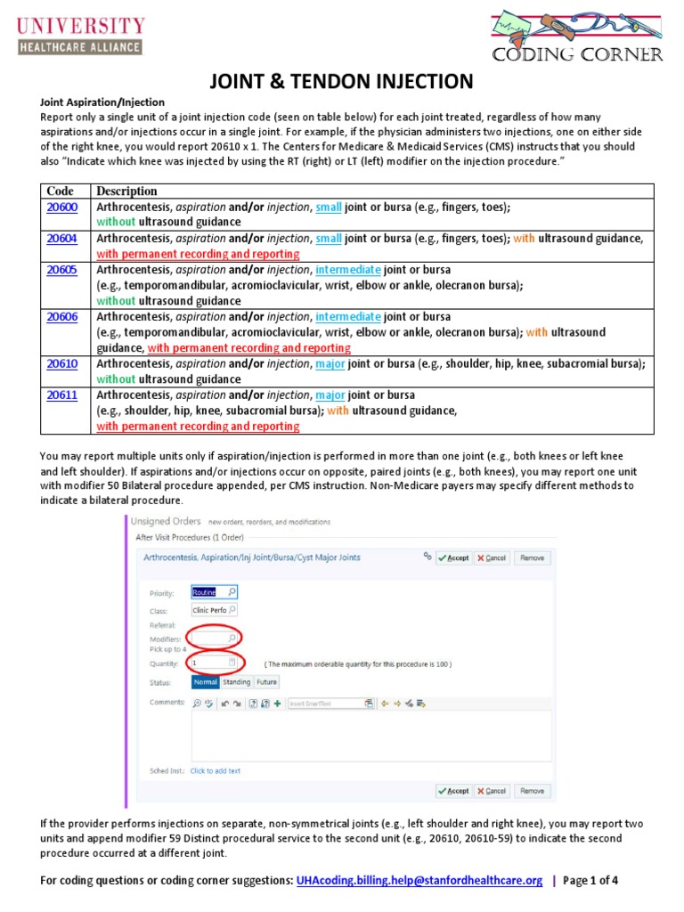 Joint & Tendon Injection: Coding Corner | PDF | Myofascial Trigger Point | Injection (Medicine)