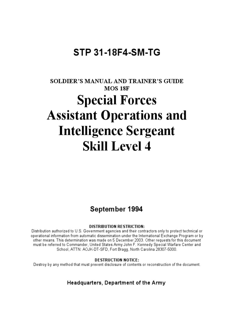 STP 31-18F34 MOS18F Special Forces AO and Intelligence Sergeant 1994 ...