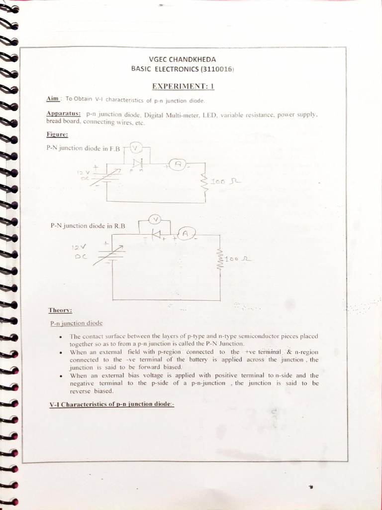 Experiment: 1: Vgec Chandkheda Basic Electronics (3110016) | PDF | P–N Junction | Diode