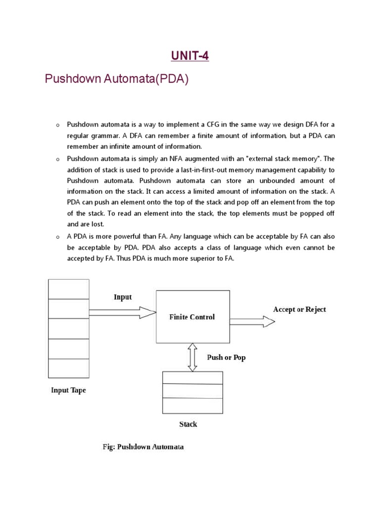 Pushdown Automata (PDA) : UNIT-4 | PDF | Theoretical Computer Science | Applied Mathematics