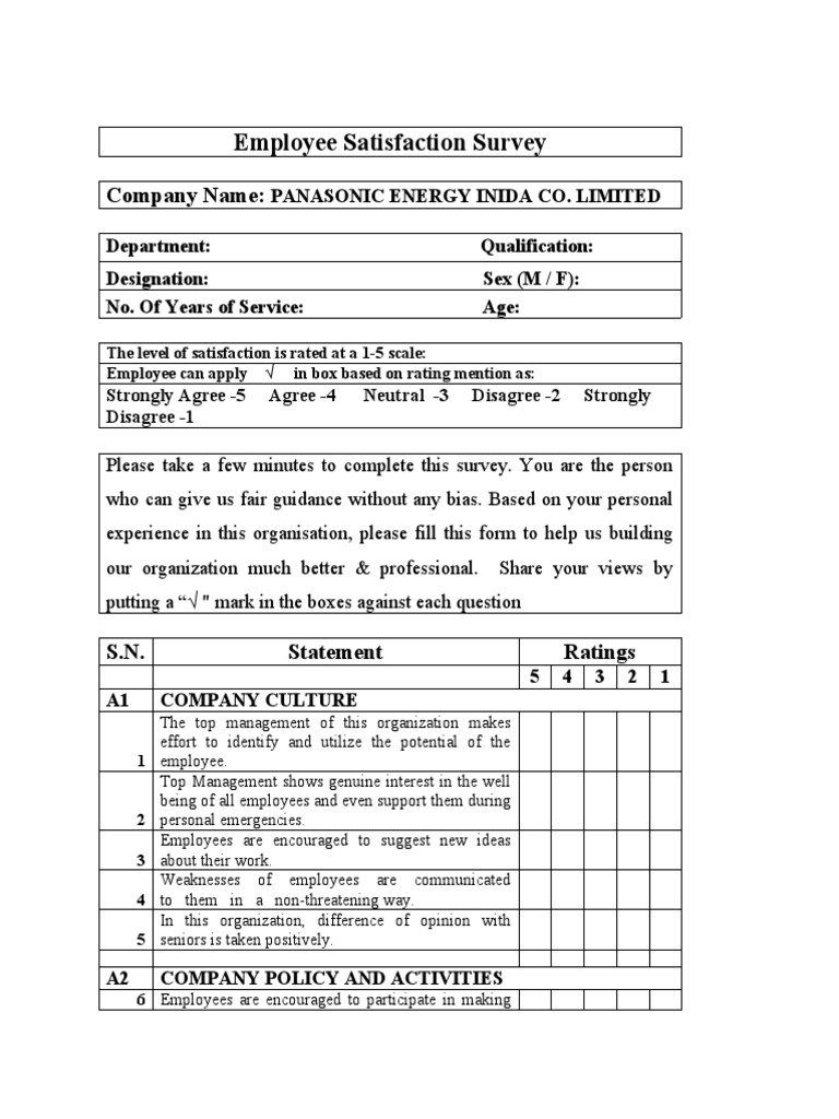 Panasonic Employee Satisfaction Survey | PDF | Performance Appraisal ...