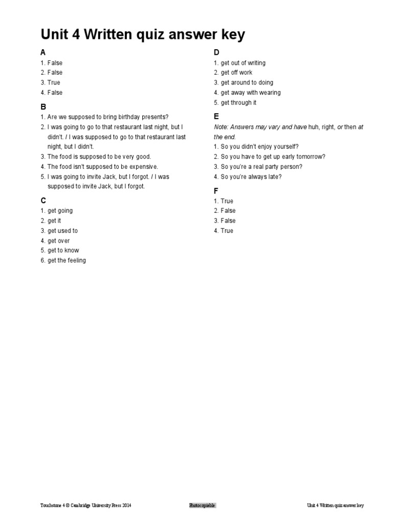 Course 14 Unit 4 Written Quiz Answer Key | PDF