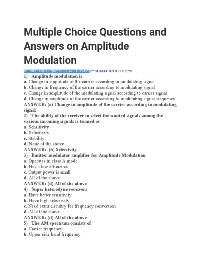 Multiple Choice Questions And Answers On Amplitude Modulation Pdf Frequency Modulation
