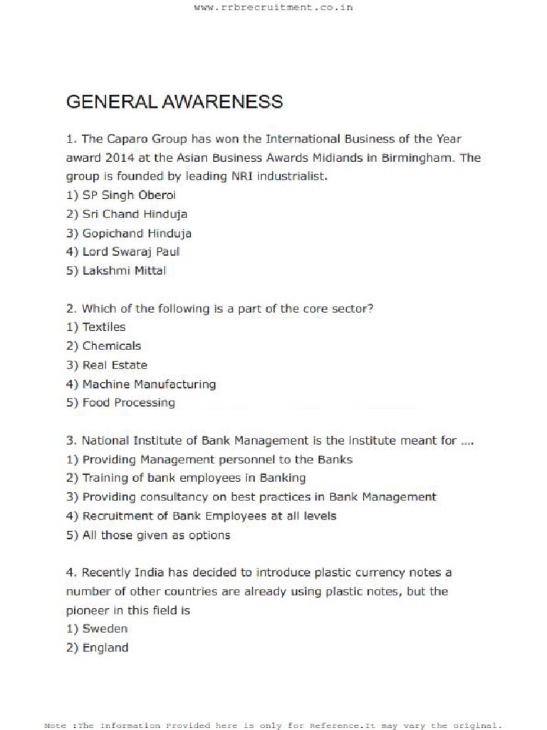 GENERAL AWARENESS Sample Papers | PDF