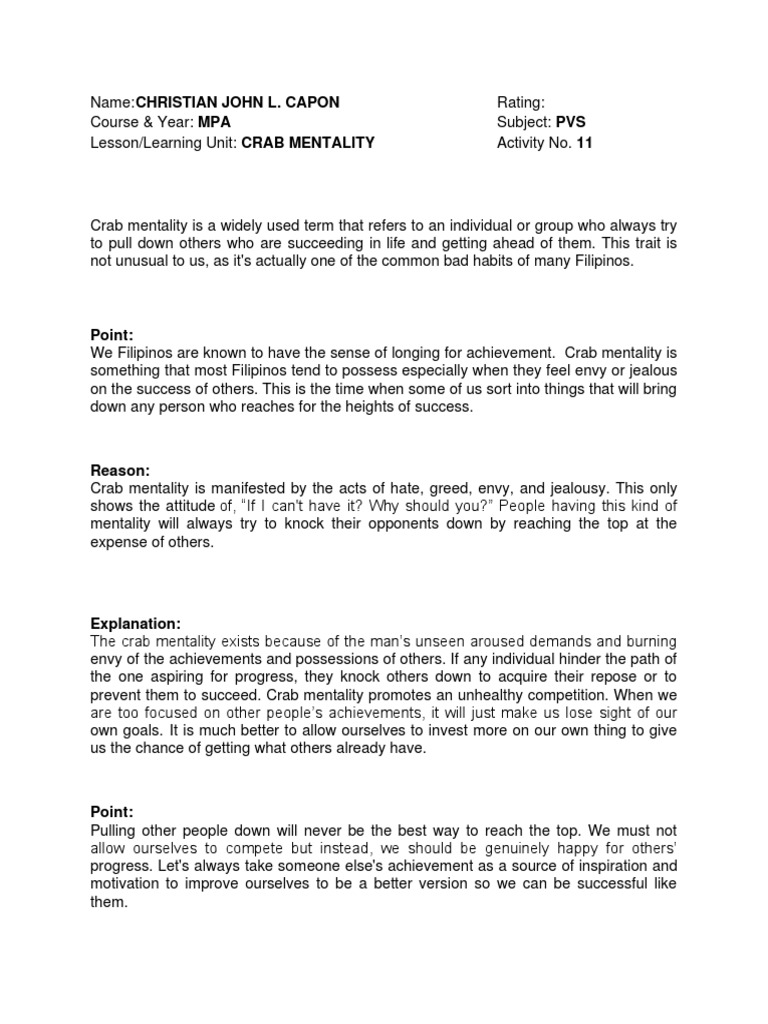 Overcoming Crab Mentality in Filipinos | PDF | Self-Improvement