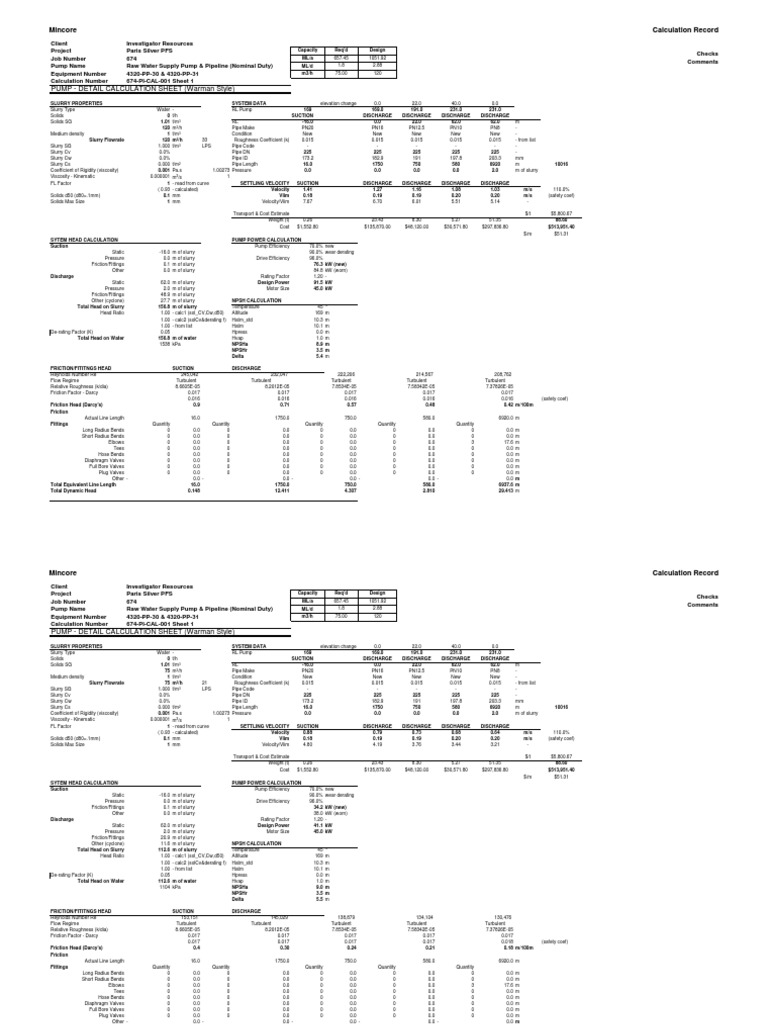 Pump - Detail Calculation Sheet (Warman Style) | PDF | Pump | Turbulence