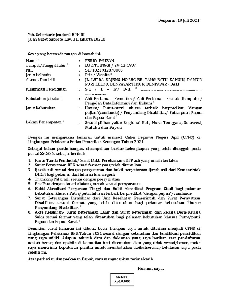 Format Surat Lamaran BPK | PDF