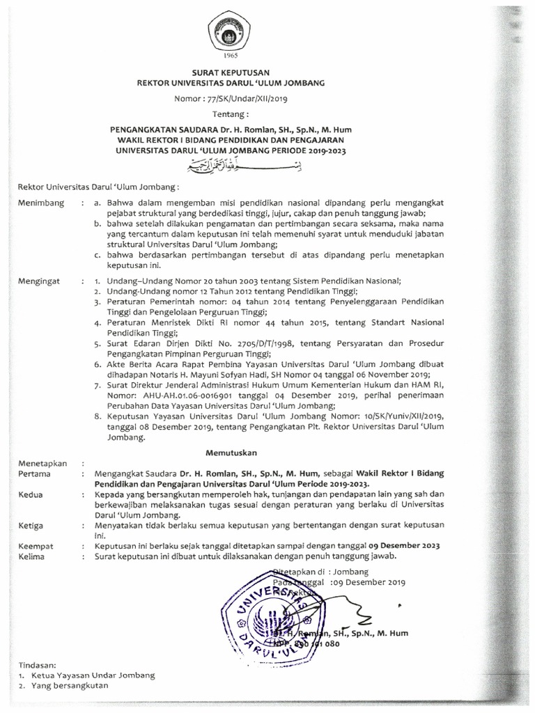 SK Pengangkatan Wakil Rektor UNDAR 2019-2023 | PDF