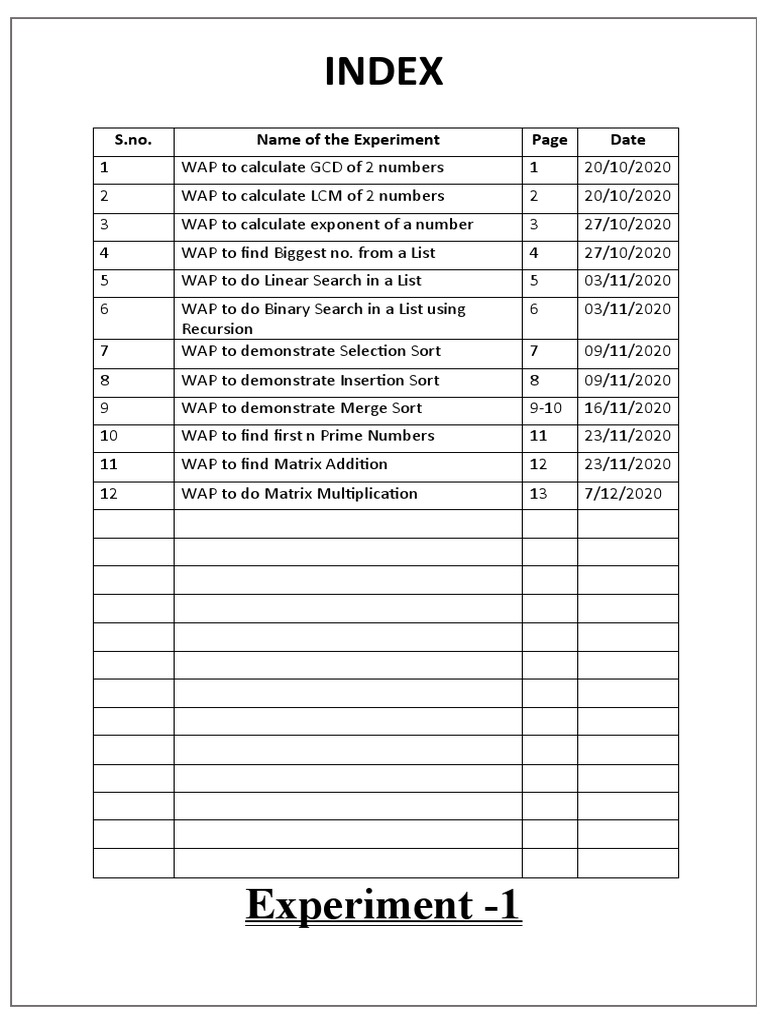 Index Sno Name Of The Experiment Date Pdf Matrix Mathematics Algorithms
