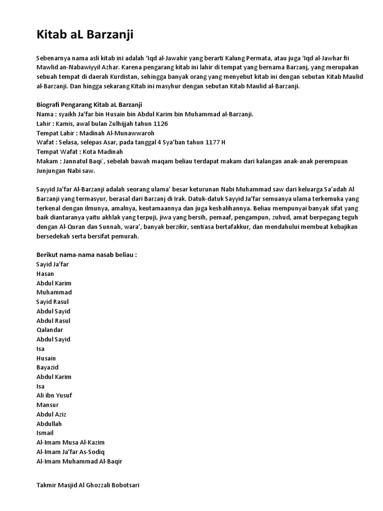 Kitab Al Barzanji Sejarah DLL | PDF