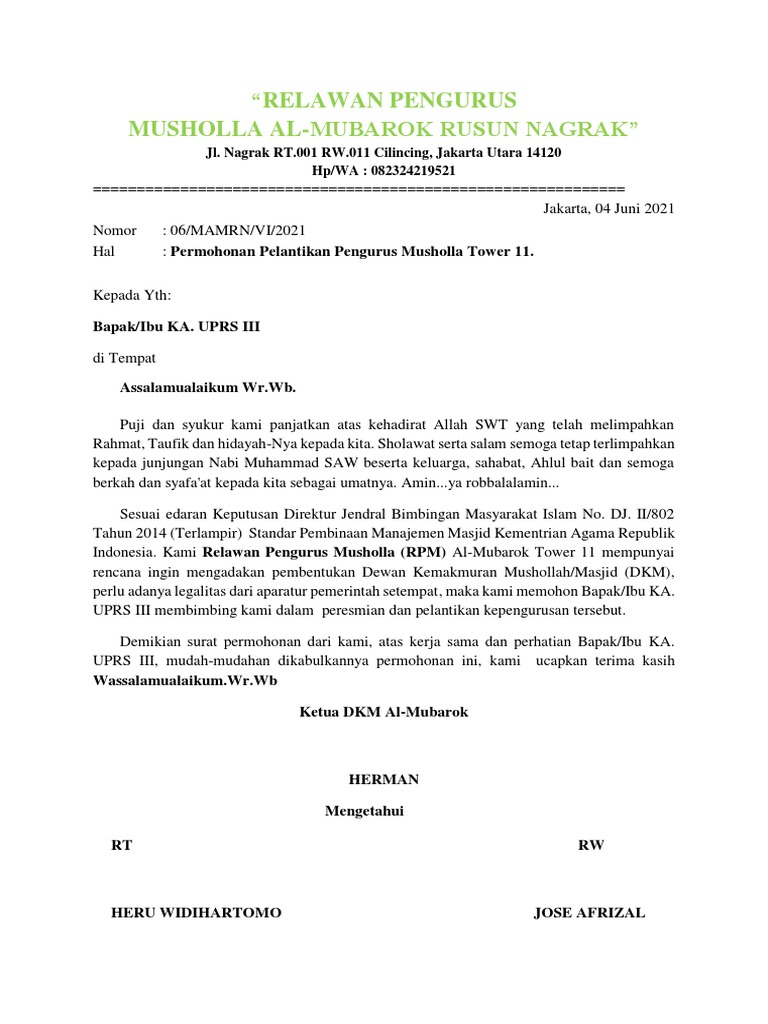 Surat Permohonan Pelantikan DKM | PDF