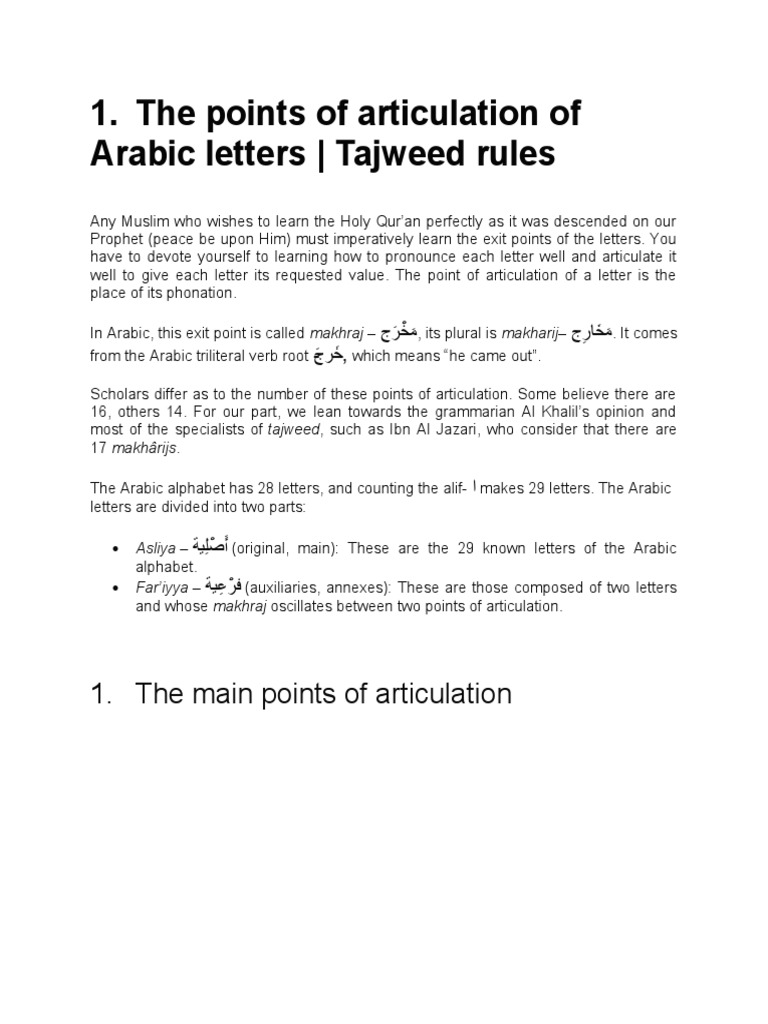 The Points of Articulation of Arabic Letters | PDF | Human Voice ...