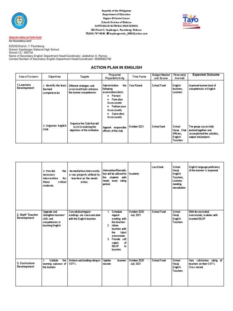 English Area Action Plan | PDF | Communication | Pedagogy