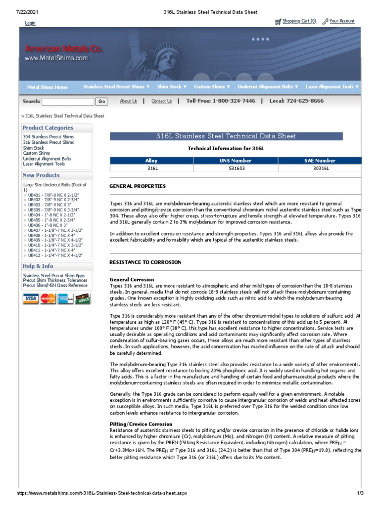316L Stainless Steel Technical Data Sheet | PDF | Stainless Steel ...