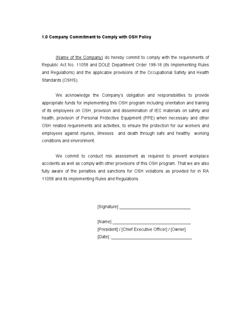 Template - Commitment To Comply With OSH Requirements | PDF