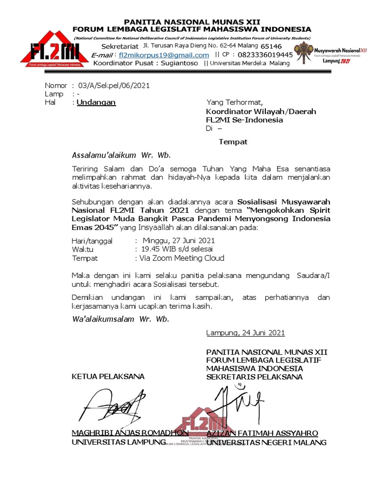 03-A-Surat Undangan Sosialisasi Korwil FL2MI Se-Indo 2021 | PDF