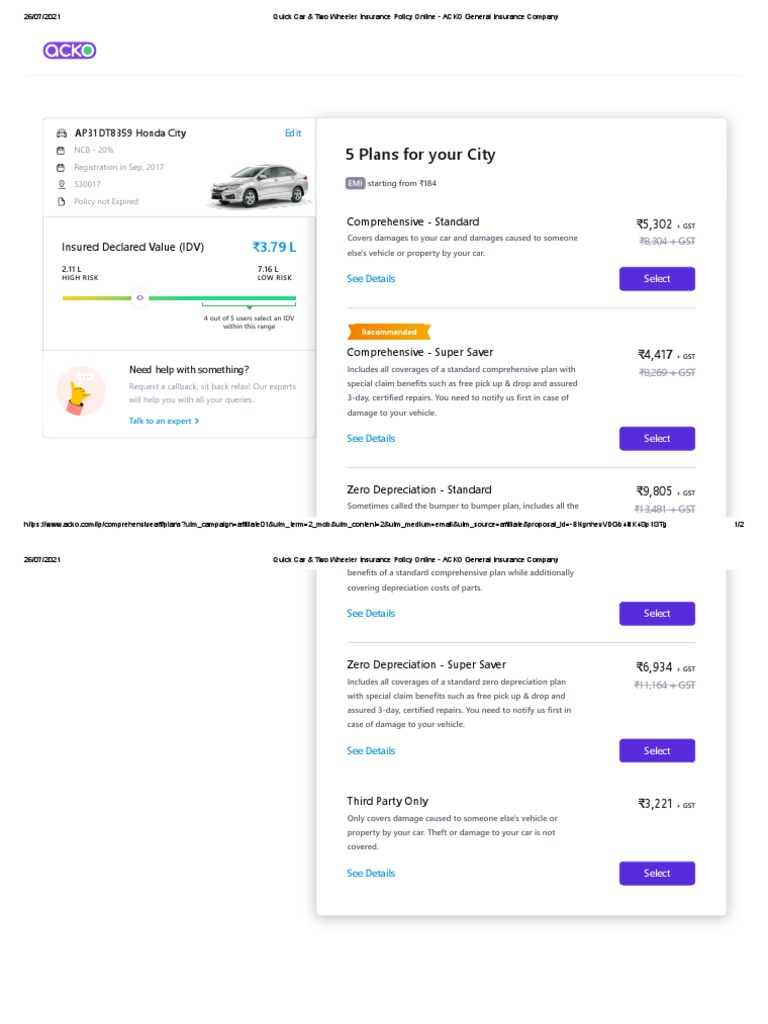 Honda City Car - ACKO General Insurance | PDF | Insurance | Service ...