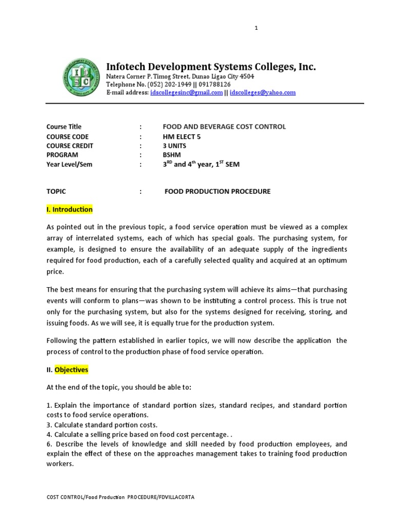 Standardization of Food Production: Establishing Standard Portion Sizes ...