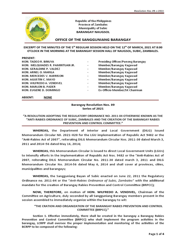 Reso#09 Brgy Anti Rabies | PDF | Rabies
