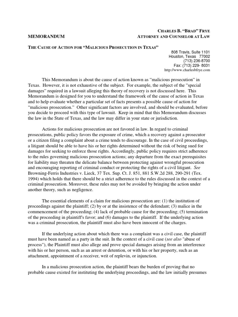 The Cause of Action For "Malicious Prosecution" in Texas | PDF ...