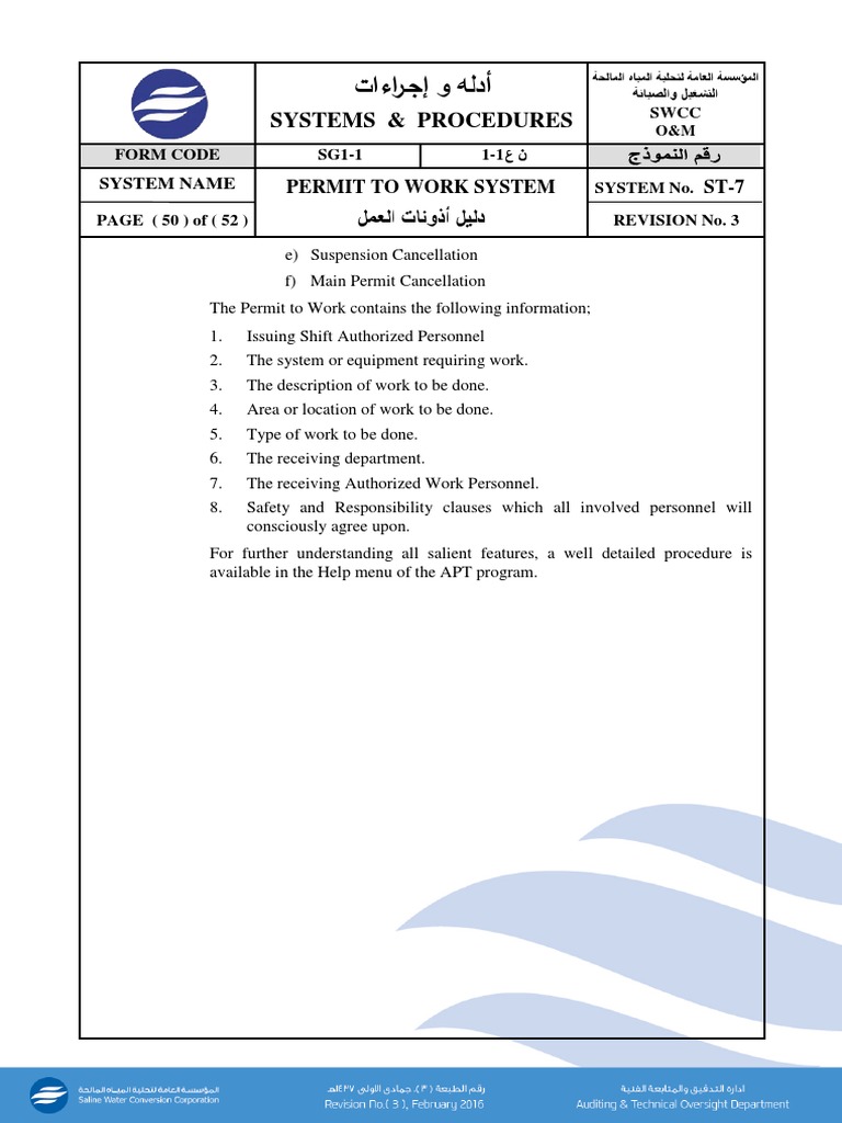 Systems & Procedures: ST-7 Permit To Work System | PDF | Underwater ...