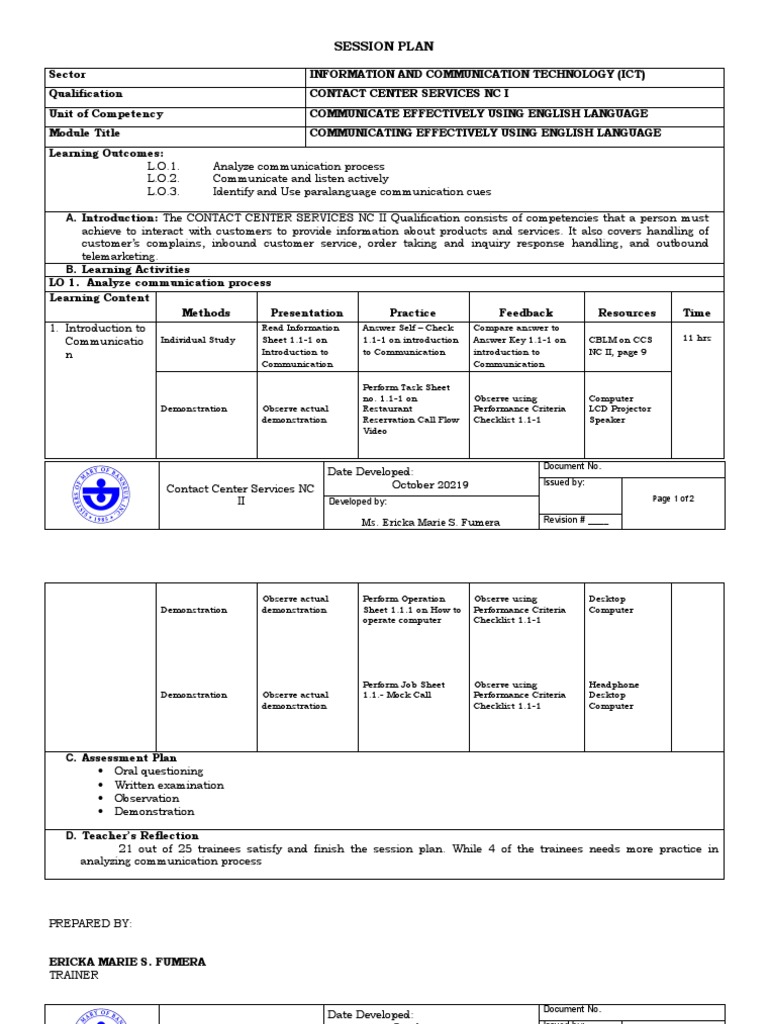 Session Plan | PDF | Call Centre | Educational Technology