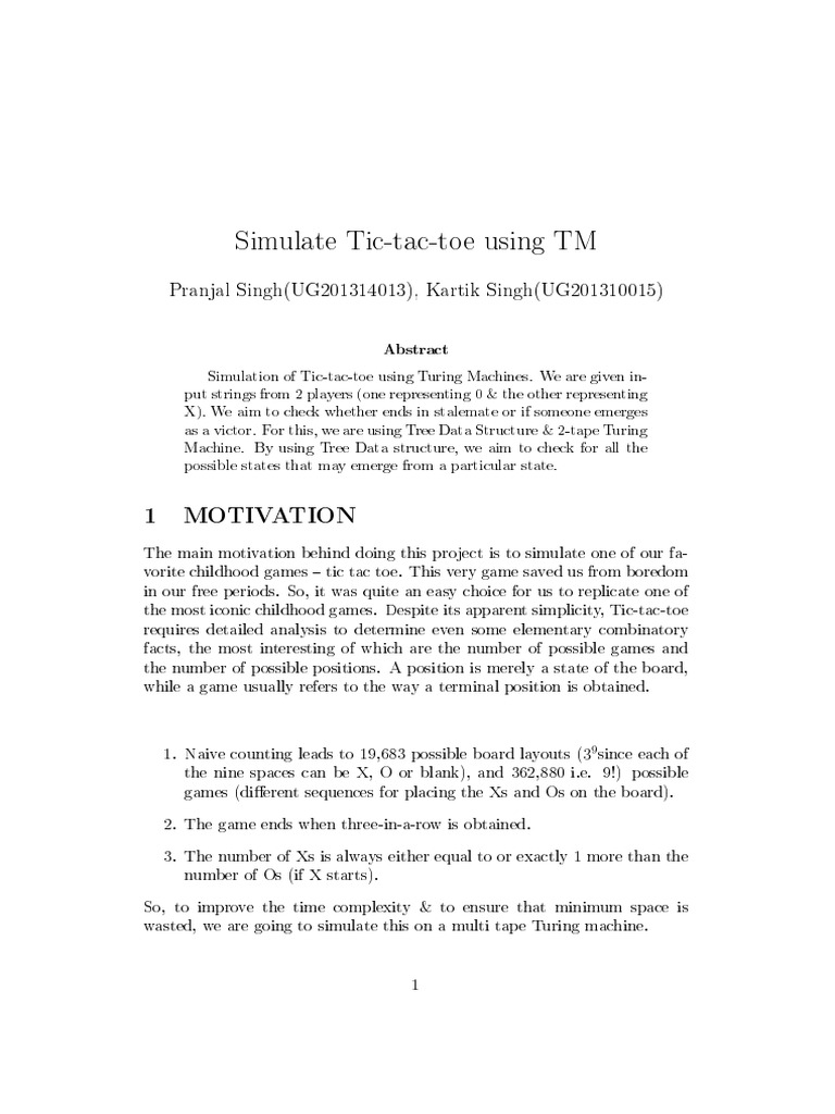 Simulation of Tic-Tac-Toe Using a Three-Tape Turing Machine | PDF | Computer Science | Applied ...