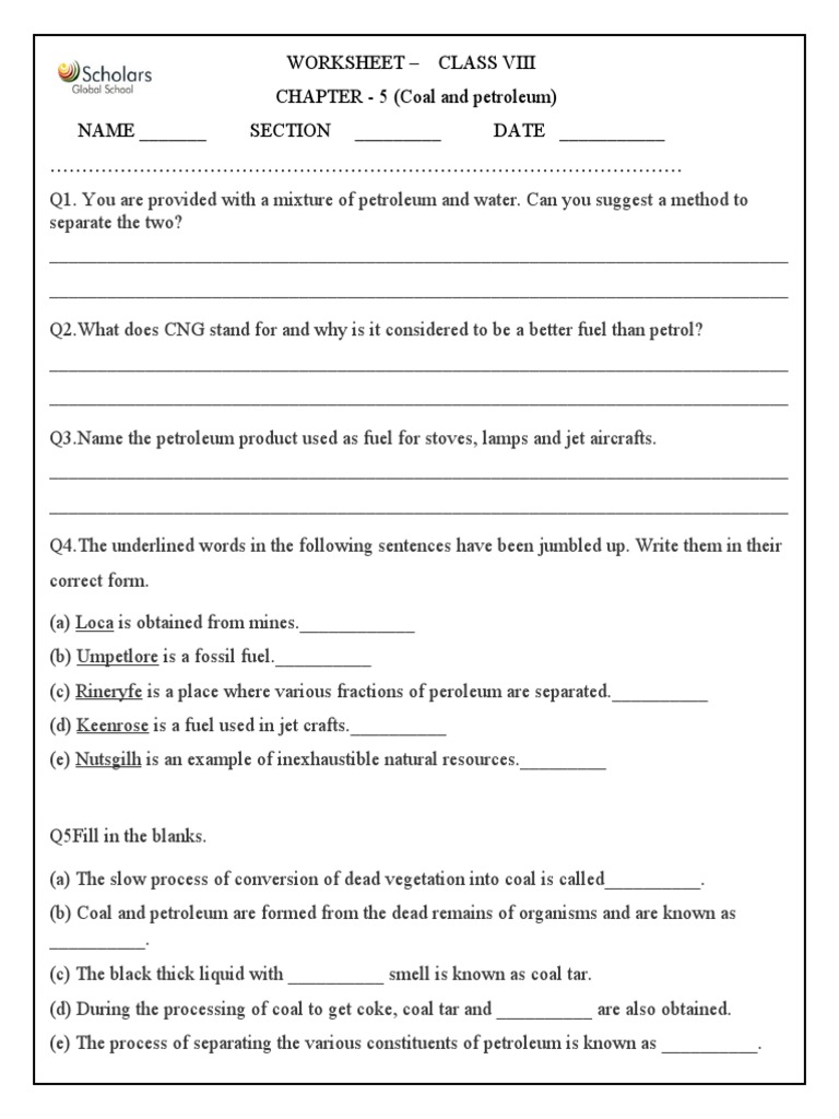 CH-5 Coal and Pertoleum Worksheet | PDF | Petroleum | Petroleum