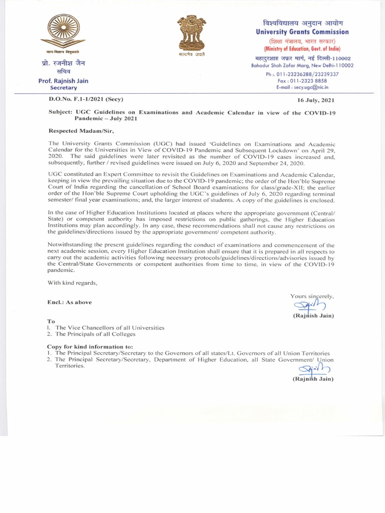 Letter UGC Guidelines On Examinations and Academic Calendar July 2021 ...