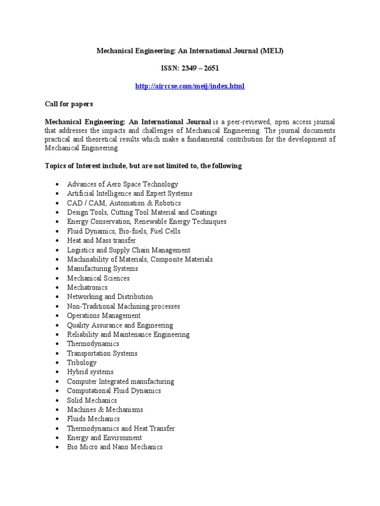 Call for Papers: Mechanical Engineering Journal | PDF