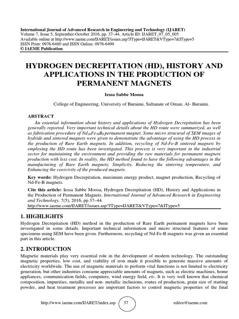 Hydrogen Decrepitation HD History and Ap | PDF | Magnet | Chemistry