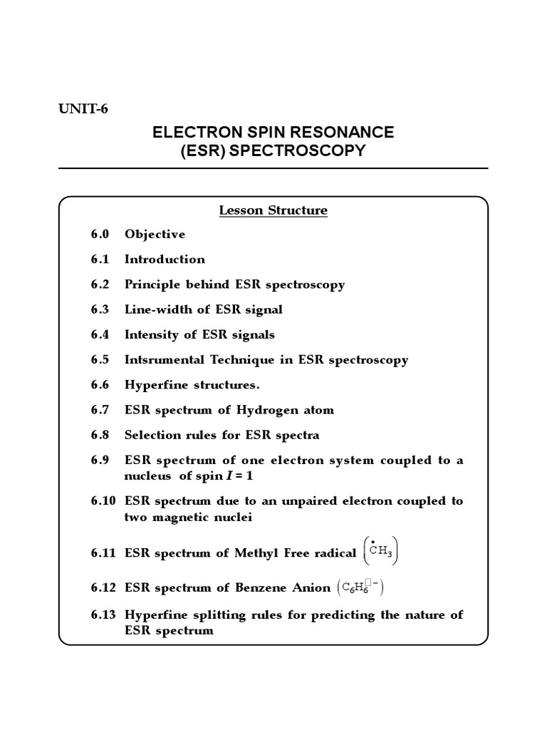 Electron Spin Resonance (Esr) Spectroscopy: UNIT-6 | PDF | Electron ...
