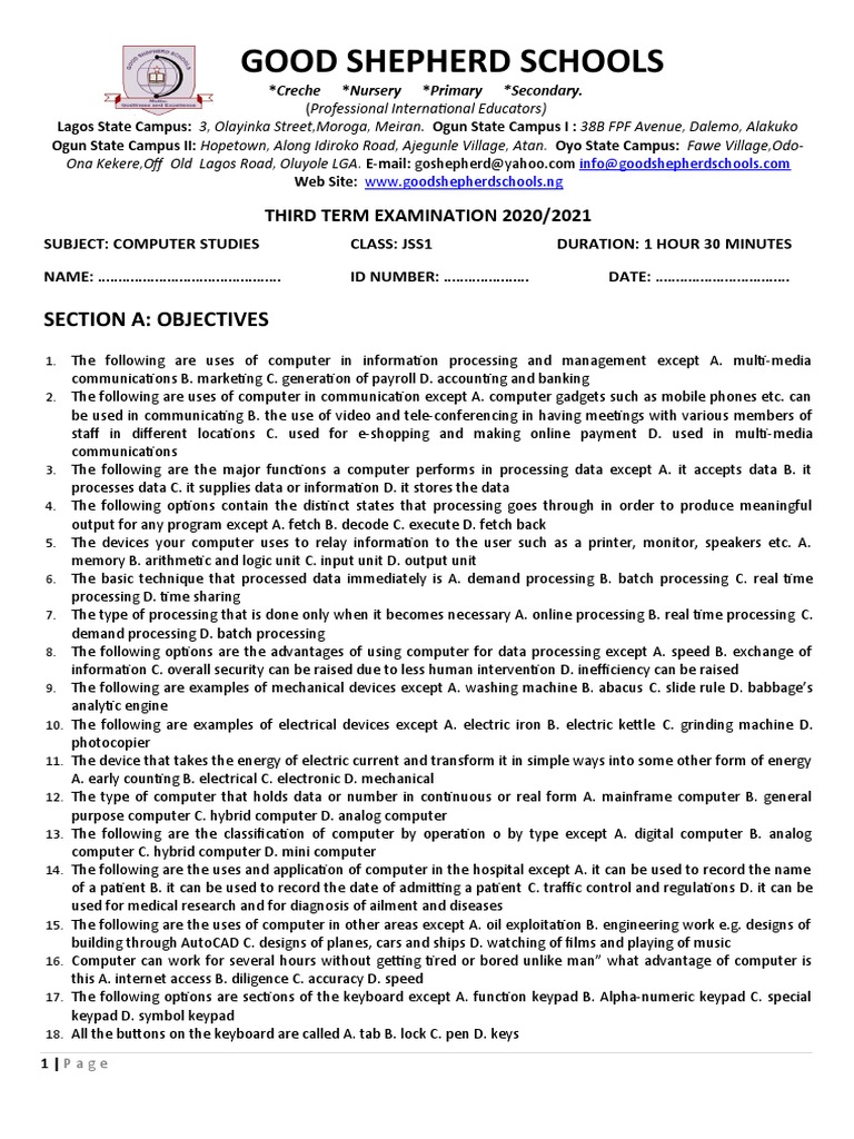 JS1 Computer Studies Examination (Third Term) | PDF | Cursor (User Interface) | Human–Computer ...