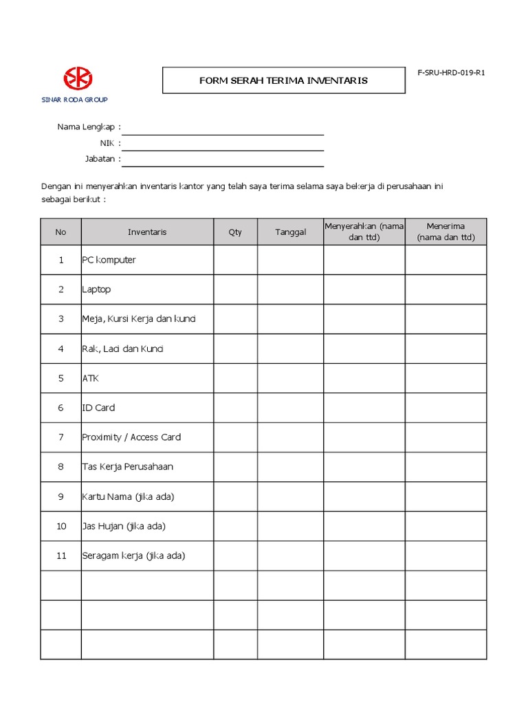F-SRU-HRD-019-R1 Form Serah Terima Inventaris | PDF