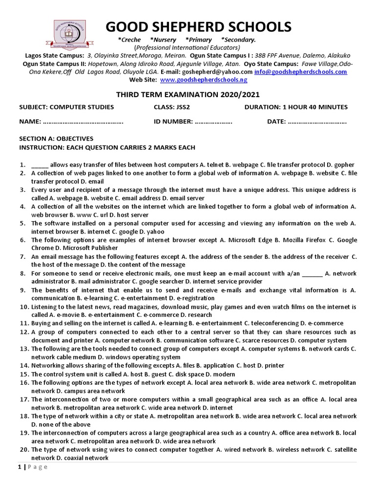 JS2 Computer Studies Examination (Third Term) | PDF | Data Transmission | Computer Network