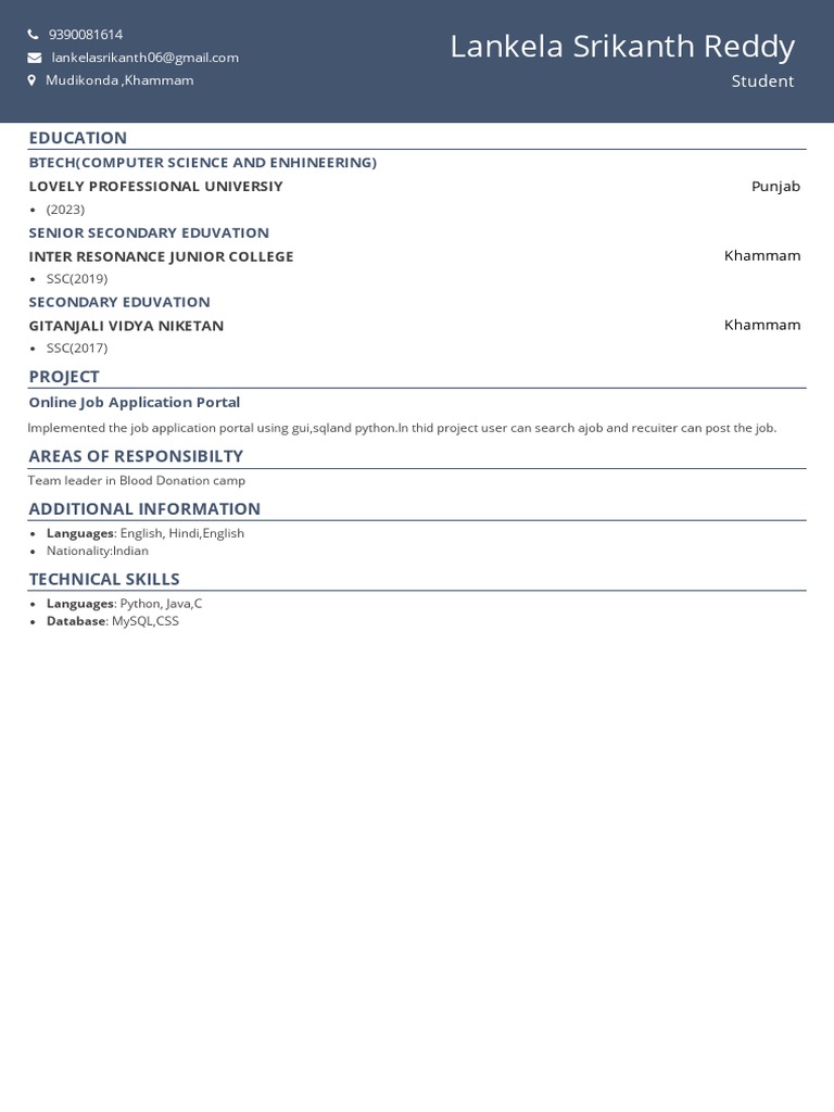 Lankela Srikanth Reddy CV | PDF | Computers