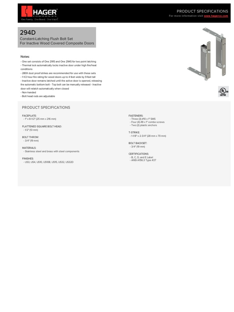 294D Constant-Latching Flush Bolt Set Specifications for Inactive Wood ...