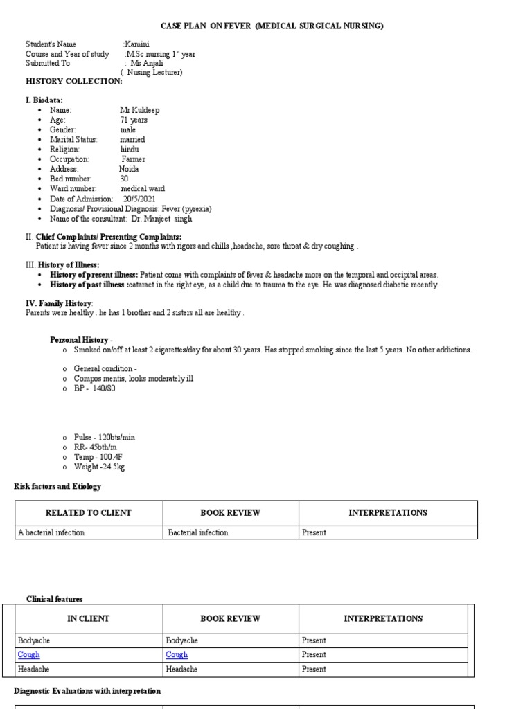 Nursing Care Plan for Fever Management | PDF | Hypoxia (Medical) | Pain