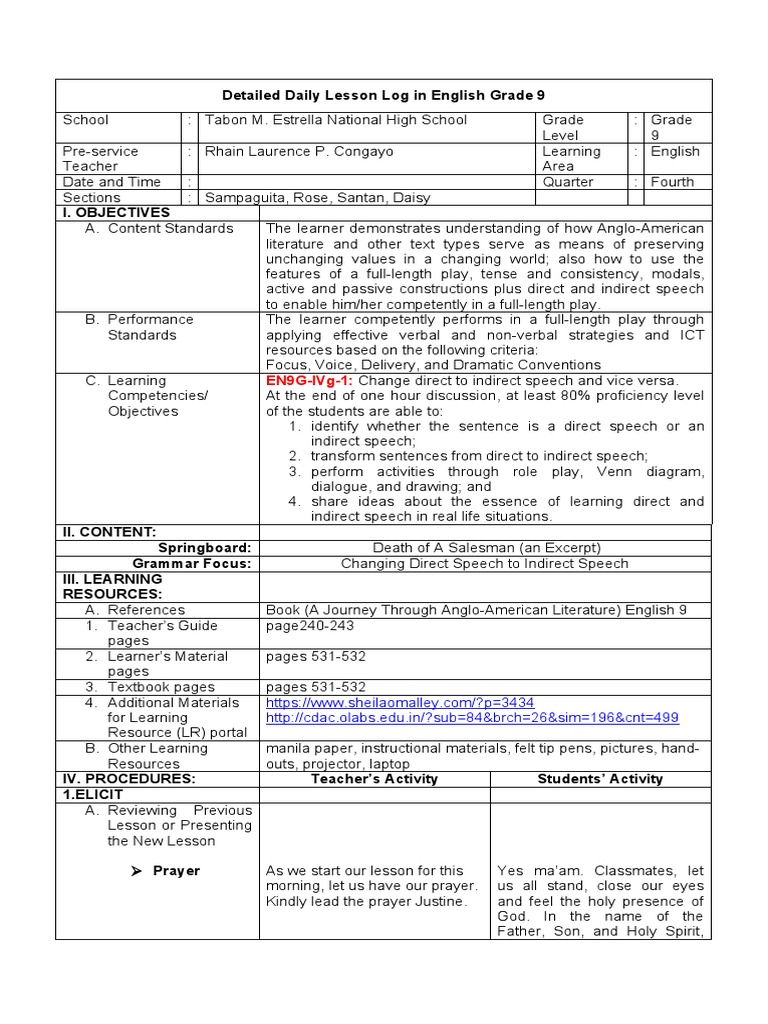 Detailed Daily Lesson Log in English Grade 9: En9G-Ivg-1 | PDF | Verb ...