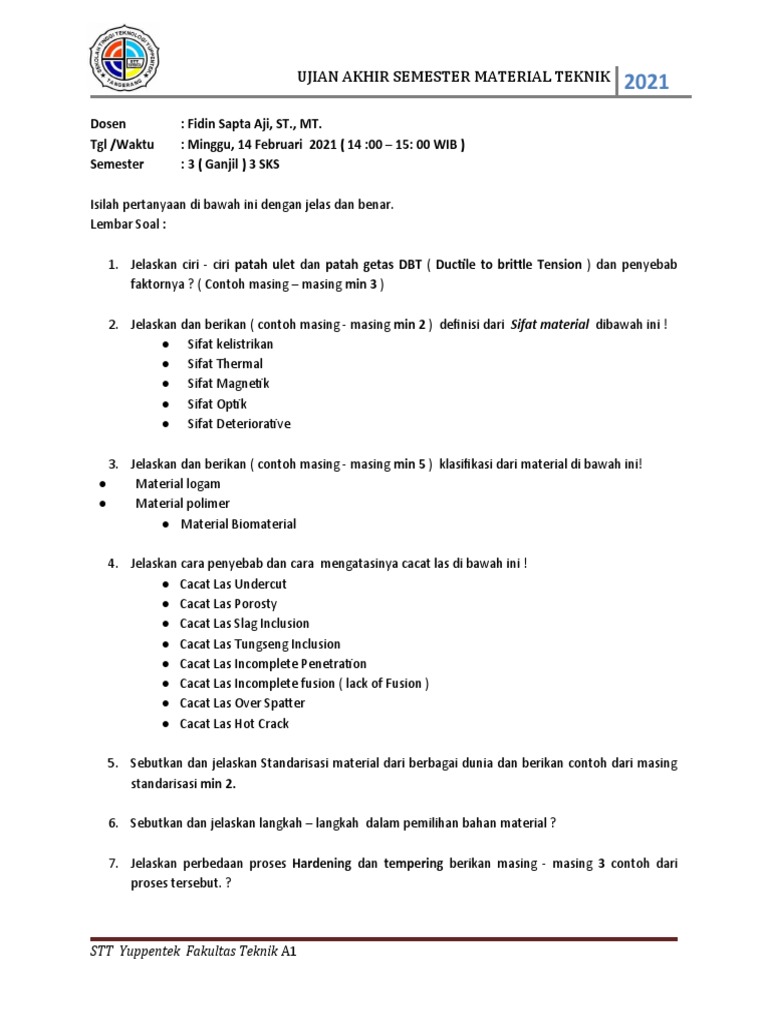 Jawaban Uas Material Teknik Bayu Firmansyah 1801029 Teknik Mesin | PDF