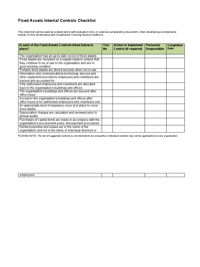 Fixed Assets Internal Controls Checklist | PDF