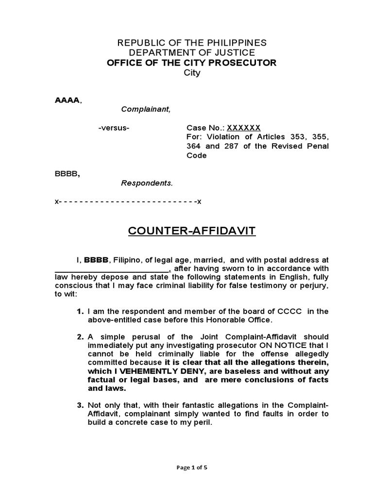 Counter-Affidavit: Office of The City Prosecutor | PDF | Defamation | Burden Of Proof (Law)