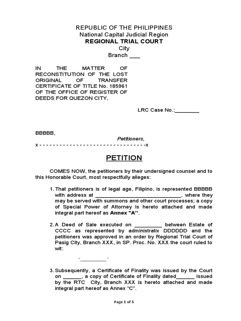 Petition: Republic of The Philippines National Capital Judicial Region ...