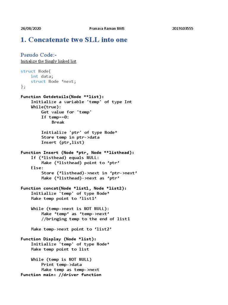 Concatenate Two Sll Into One Pseudo Code Pdf Pointer Computer Programming Computer Data