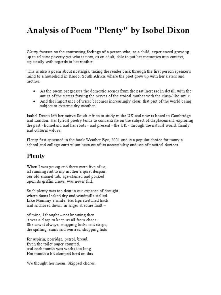 Analysis of Poem Plenty | PDF | Metre (Poetry) | Poetry