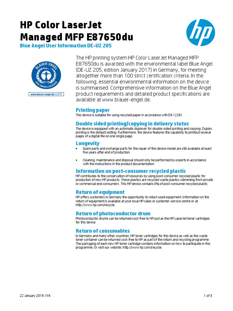 HP Color Laserjet Managed MFP E87650Du: Blue Angel User Information De-Uz 205 | PDF | Printer ...