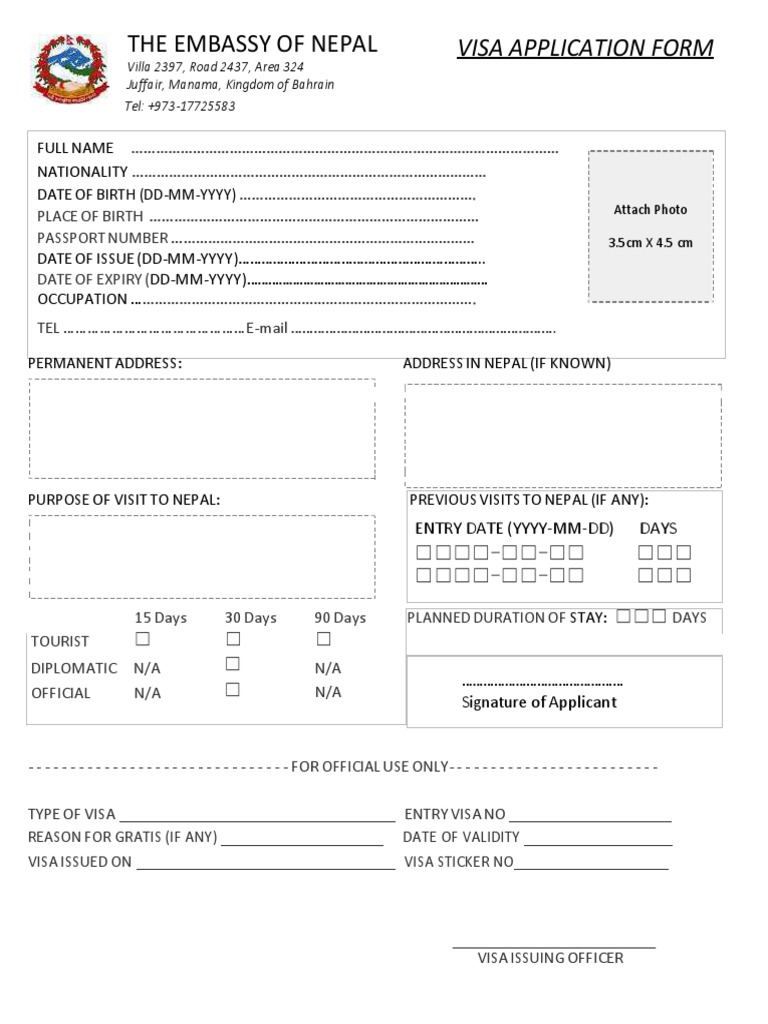 The Embassy of Nepal: Visa Application Form | PDF | Travel Visa ...