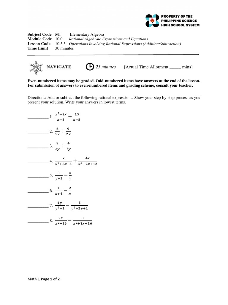 SLG Module 10.5.3 Operations Involving Rational Expressions Addition ...