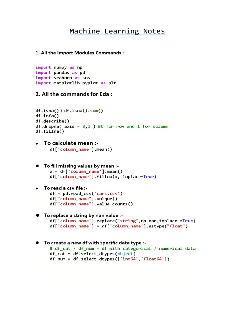Machine Learning Notes: 2. All The Commands For Eda | PDF | Statistical ...