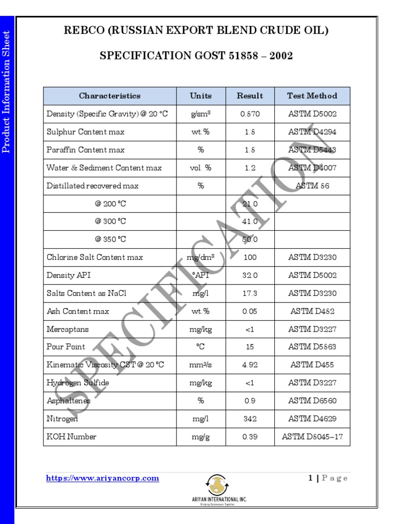 Standard Specification of Russian Export Blend Crude Oil REBCO | PDF